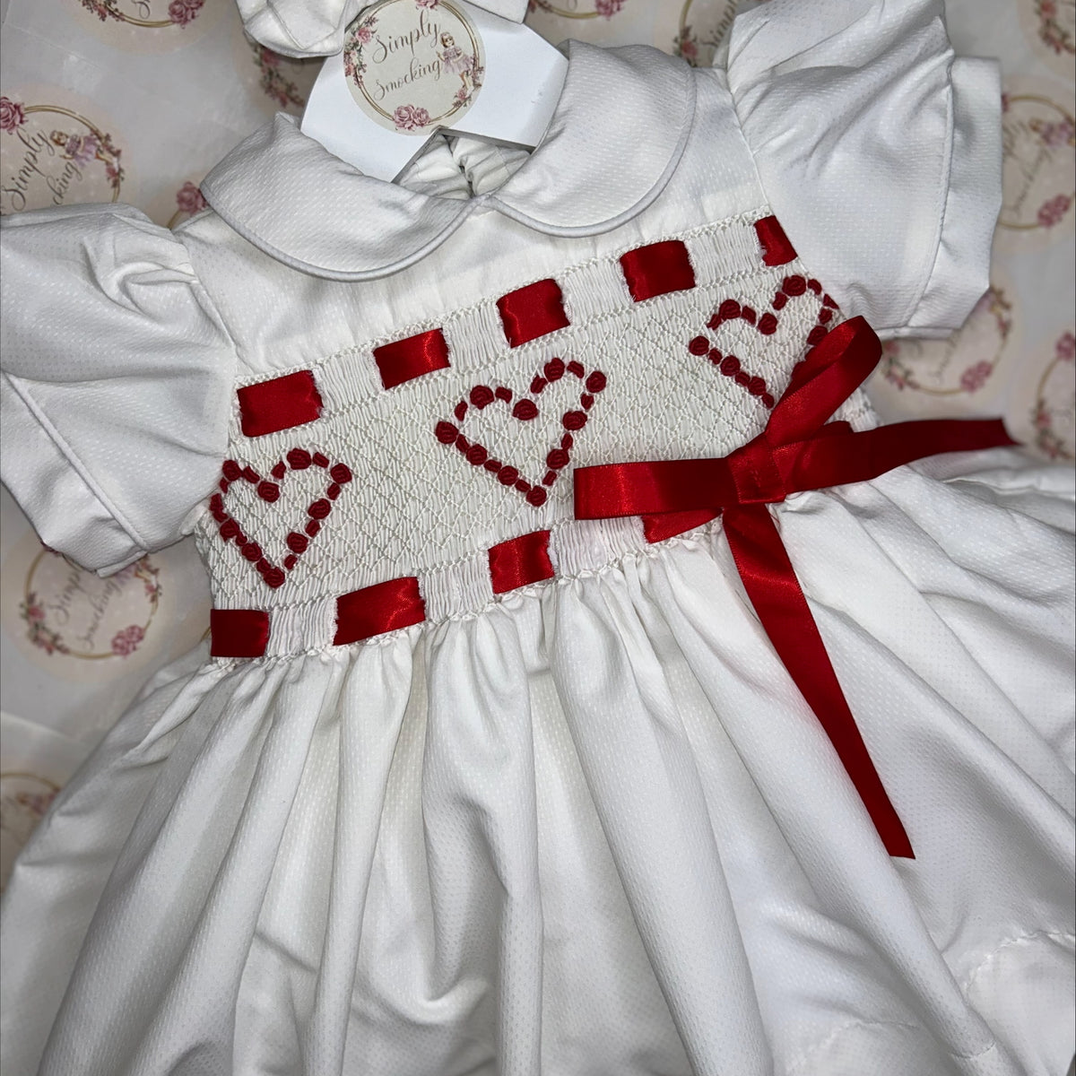 White & Red Heart Smock Dress With Silk Bow – Simply Smocking